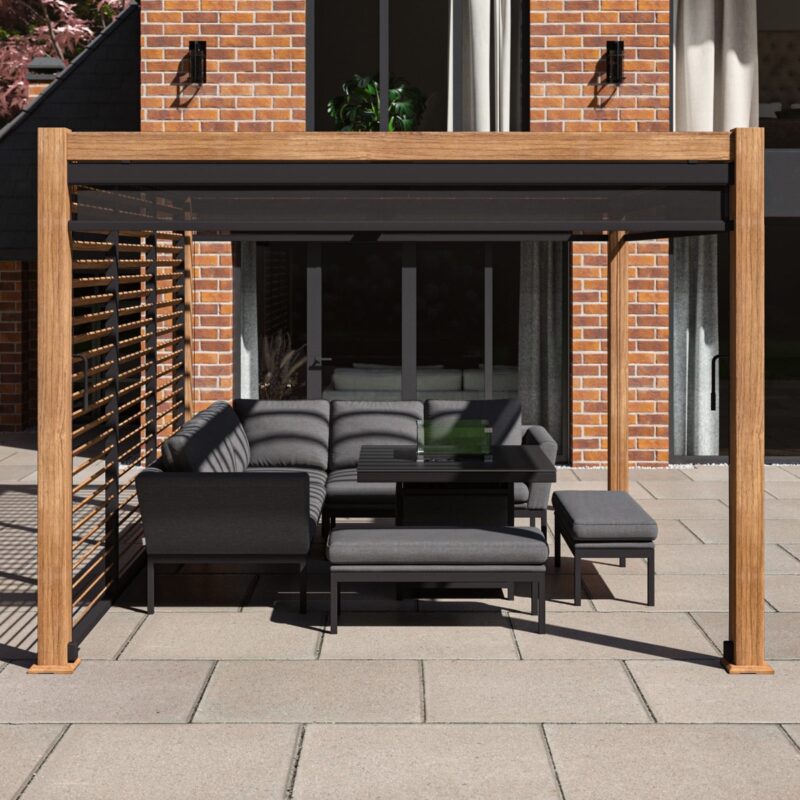 Como 3m x 4m Pergola – 3 Drop Sides & 4m Wood Effect Louvre Wall – Grey ...