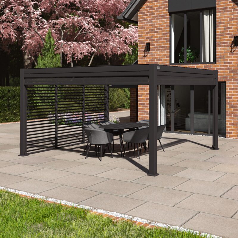 Como 4m x 4m Pergola – 3 Drop Sides & 4m Louvre Wall – Grey ...